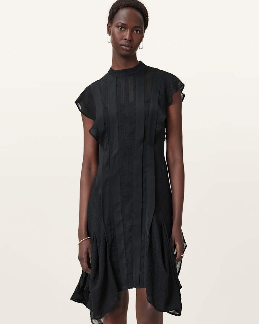 Fleur Textured Asymmetric Hem Dress Black | ALLSAINTS